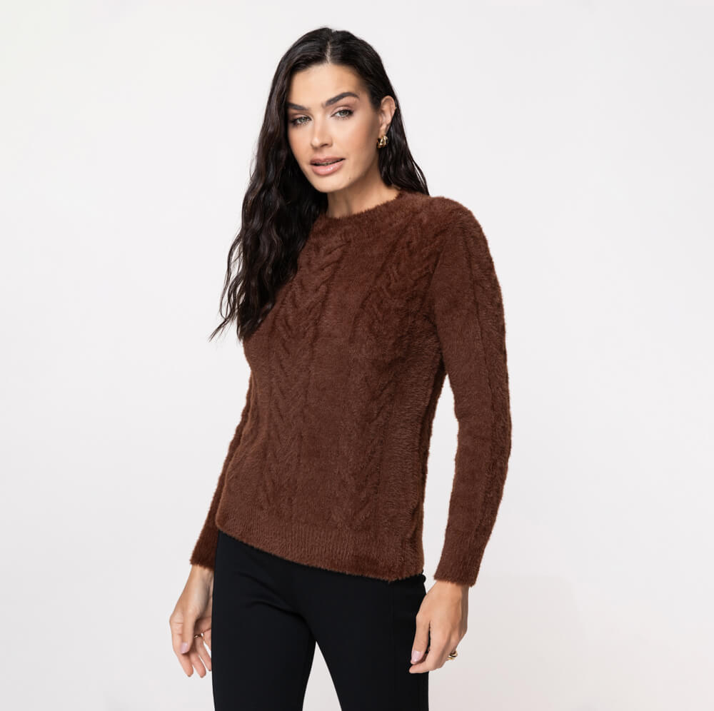 Blusa Feminina em Tricô Fio Nuvem - 25180 Marrom - Goradin.com.br